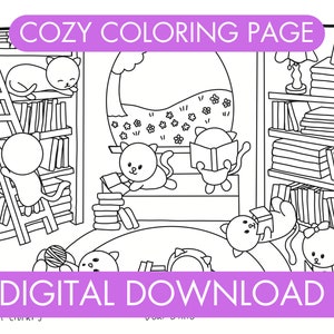 Digital Download Cute Cat Library Coloring Page Cozy Animal Coloring ...