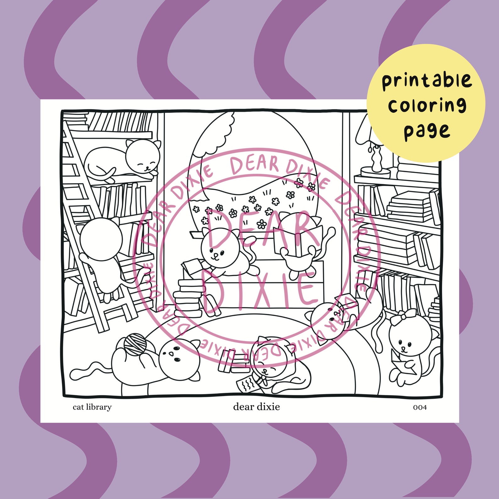 Cute Cat Library Coloring Page Digital Download, Cozy Animals, Adult ...