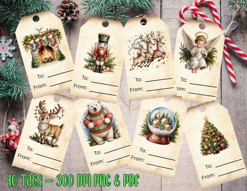 40 Vintage Christmas Gift Tags Printable, Digital Holiday Tags, PDF PNG ...