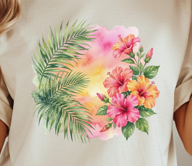 Tropical Hibiscus Watercolor PNG Clip Art, Palm Leaves Floral Summer ...