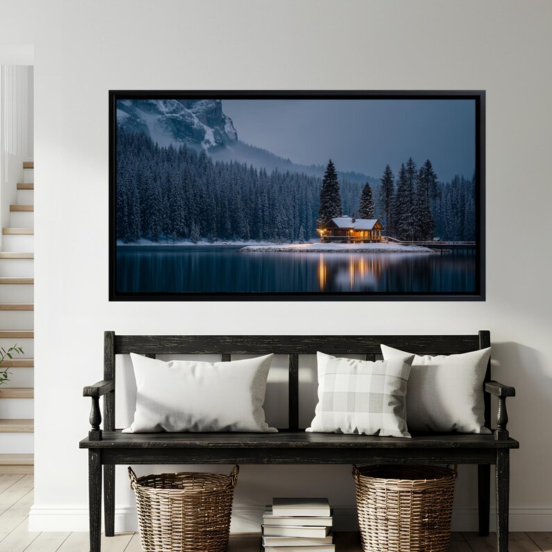 Cozy Winter Cabin by Lake Frame TV Art Snowy Mountain Landscape Digital ...