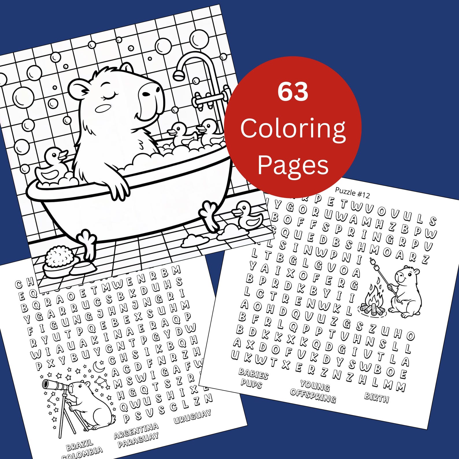 Capybara Word Search Coloring Pages Puzzles Digital Download Kids Teens ...