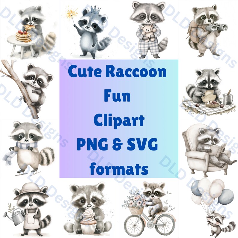 Cute Raccoon Fun Clipart, Digital Raccoon Illustrations, 12 Cute ...