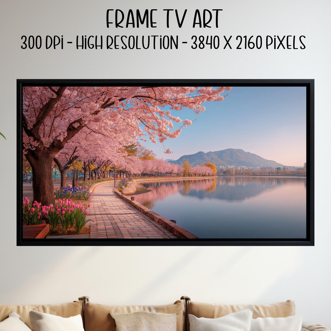 Spring Scenery Frame TV Art Cherry Blossom Lake Landscape Digital Art ...