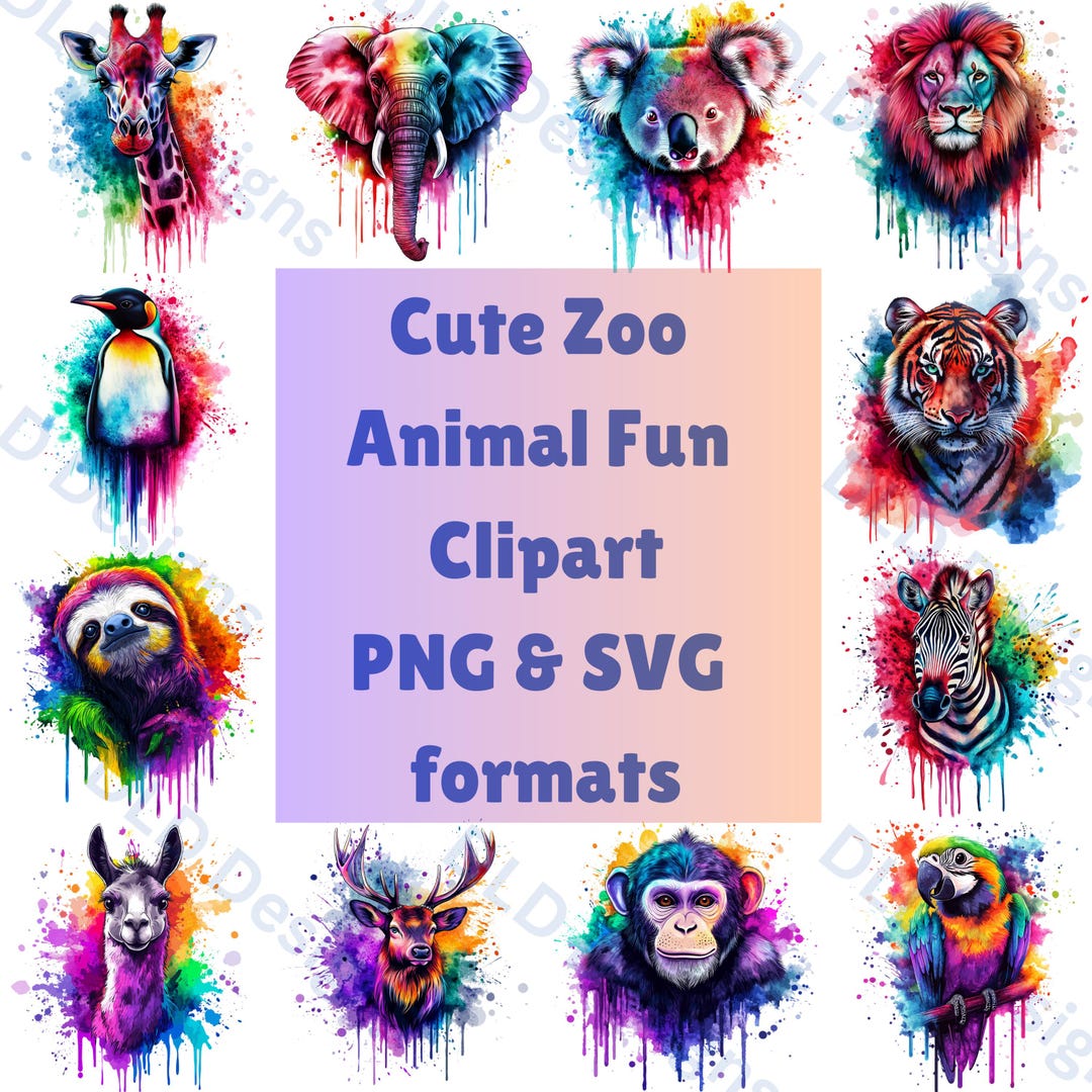 Cute Zoo Animal Fun Clipart Bundle, Vibrant Watercolor Splash Art, 12 ...