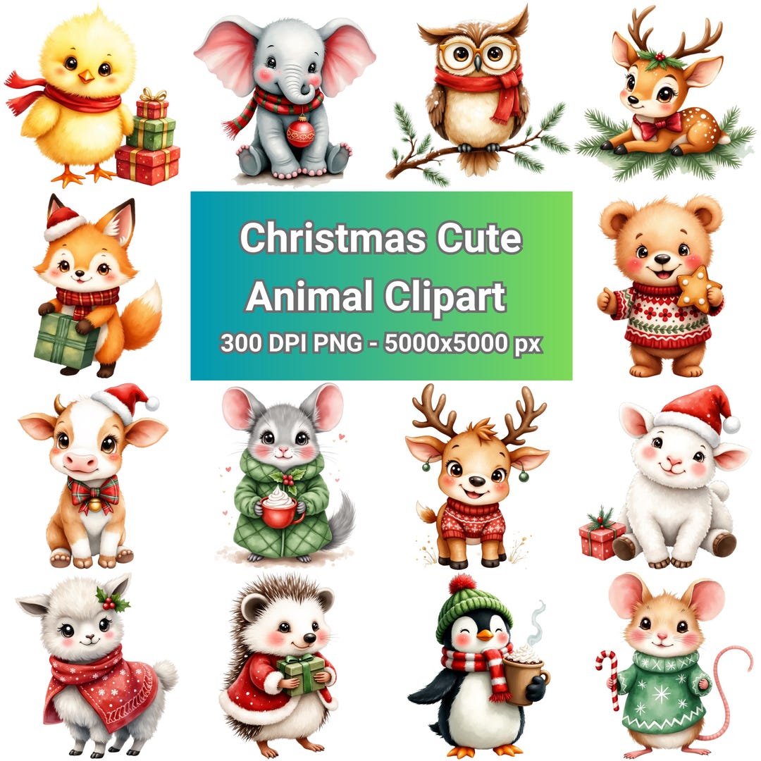 Christmas Animal Clipart Bundle, 15 Cute PNG Images Holiday Deer ...