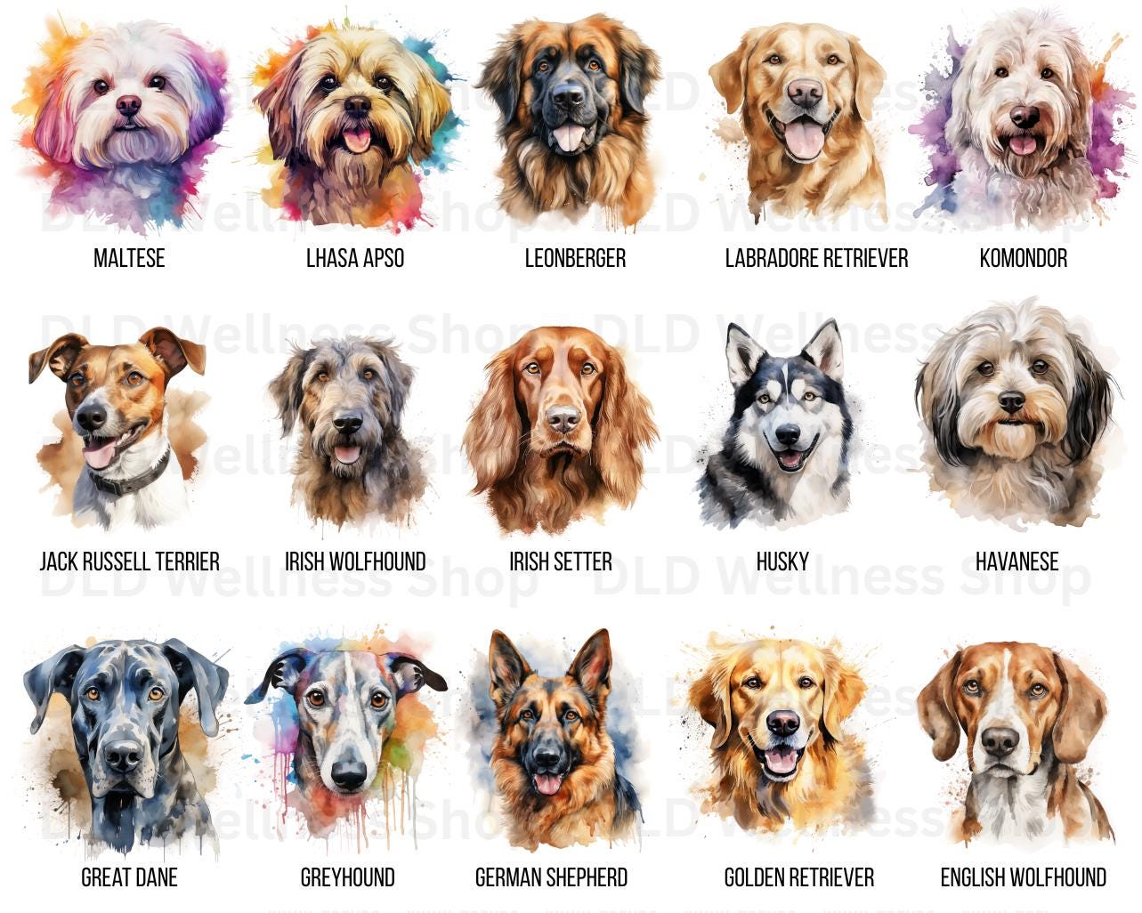 Dog Breeds Clipart, Watercolor Dogs, Digital Download, PNG Files, Dog ...