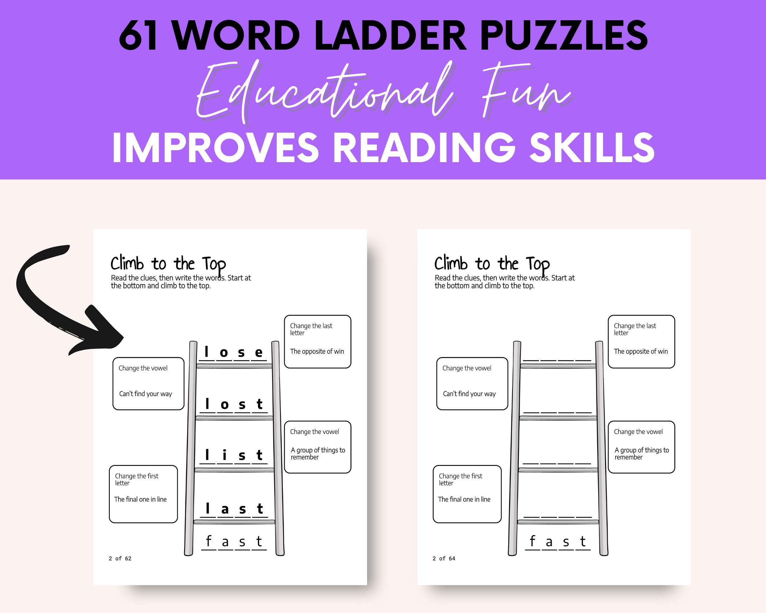 61 Word Ladder Puzzles, Grade 1 and 2, Homeschool Activity, Language ...
