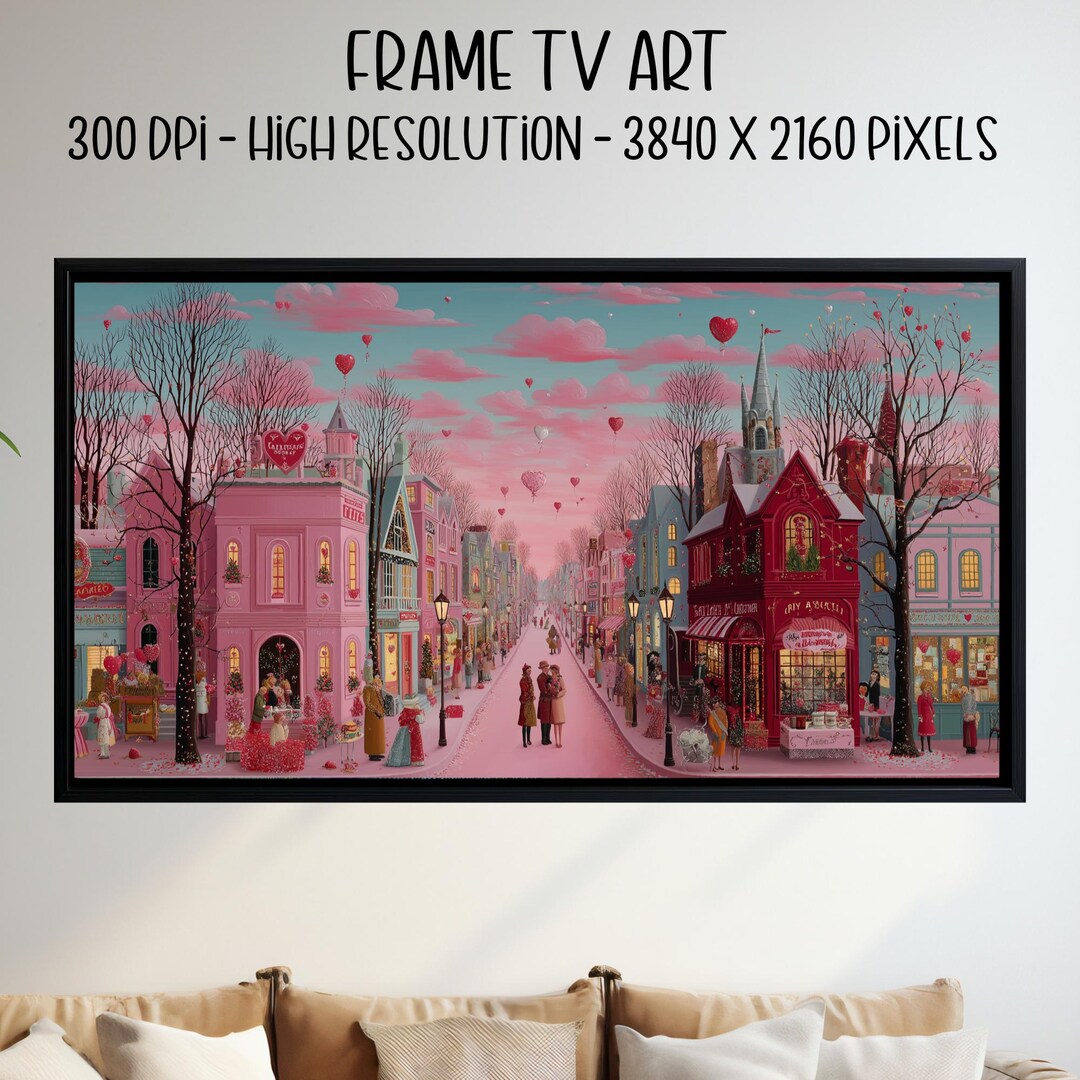 Valentine's Day Village Frame TV Art Set of 2 Romantic Pink Town ...