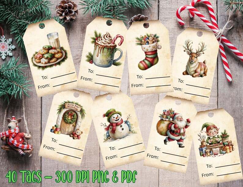 40 Vintage Christmas Gift Tags Printable, Digital Holiday Tags, PDF PNG ...