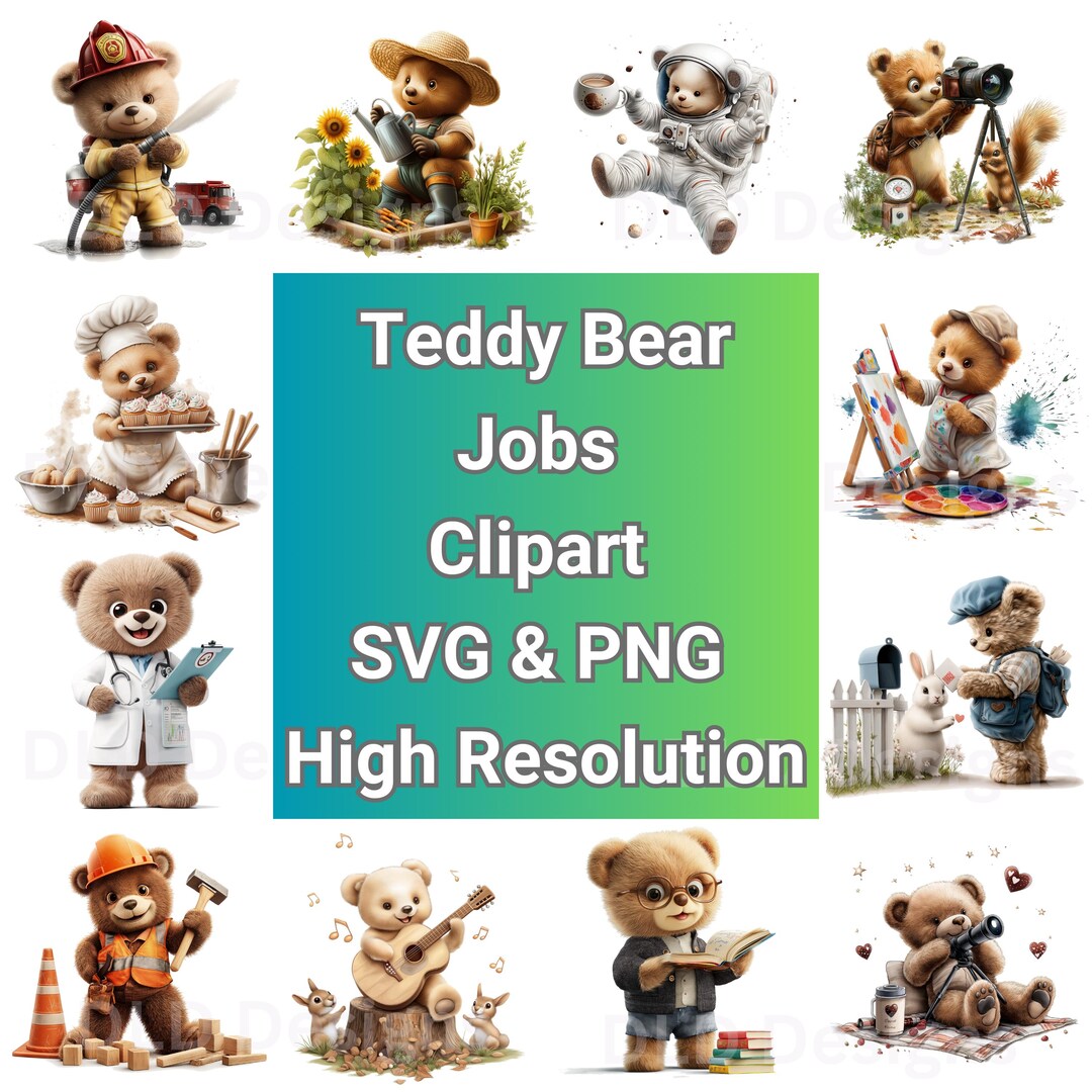 Teddy Bear Jobs Clipart Bundle, Digital Download, Bear Professions SVG ...