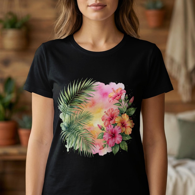 Tropical Hibiscus Watercolor PNG Clip Art, Palm Leaves Floral Summer ...