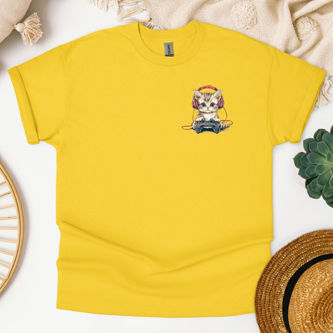 Cute Cartoon Cat Tee, Kitten Tabby Cat With Headphones, Gamer Cat Shirt ...