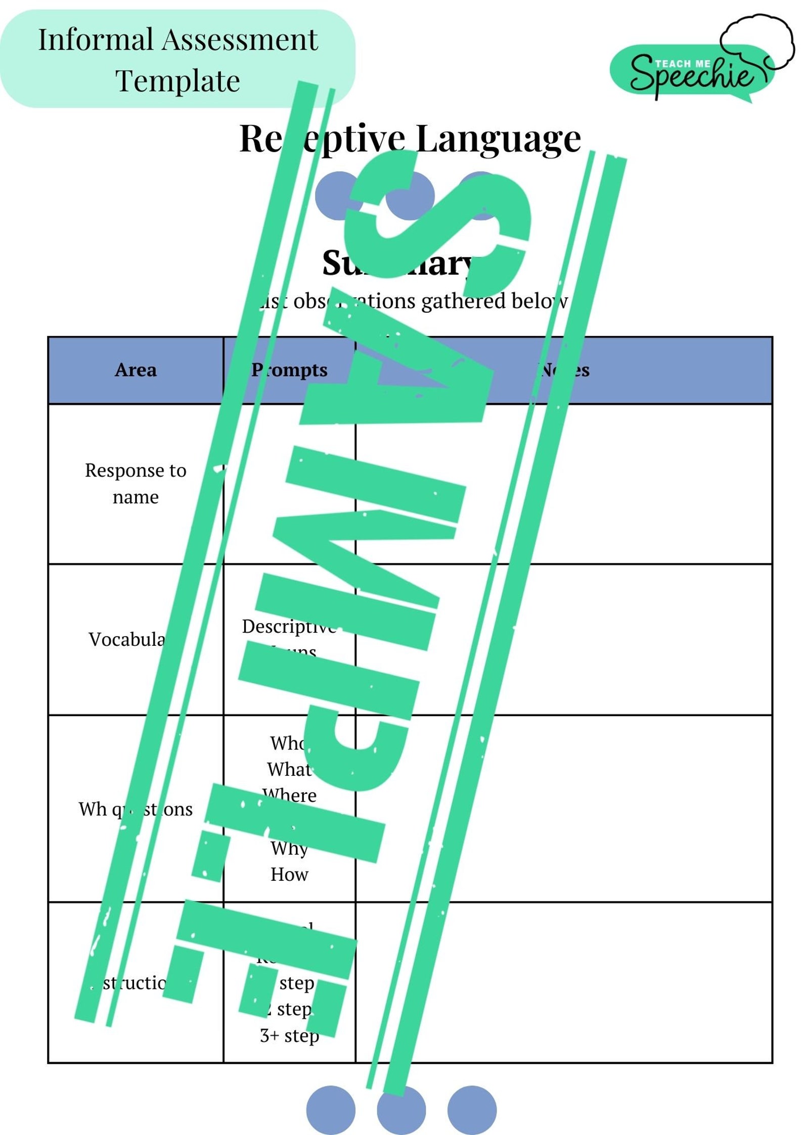 Informal Assessment Template (paediatric Speech Pathology) - Etsy