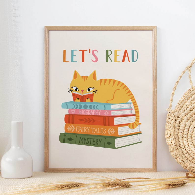 Let's Read Print, Cute Cat Reading Corner Printable, Kids Read Books ...