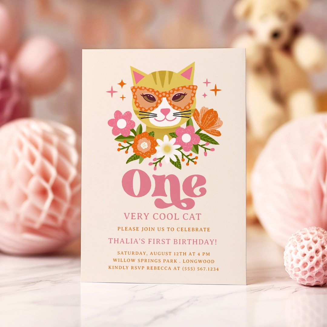Cute Retro Cool Cat Birthday Invitation, Cat Birthday Invite, First ...