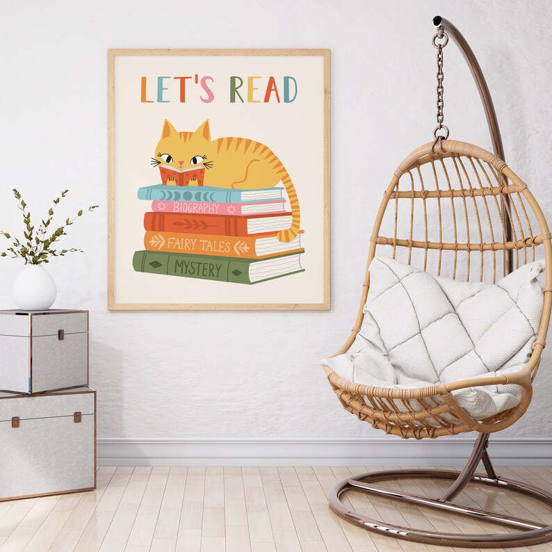 Let's Read Print, Cute Cat Reading Corner Printable, Kids Read Books ...