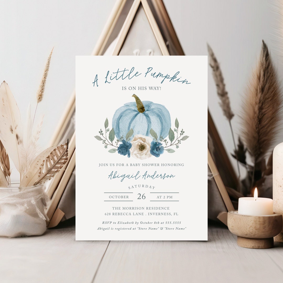 Editable Watercolor Little Pumpkin Boy Baby Shower Invitation, Blue ...