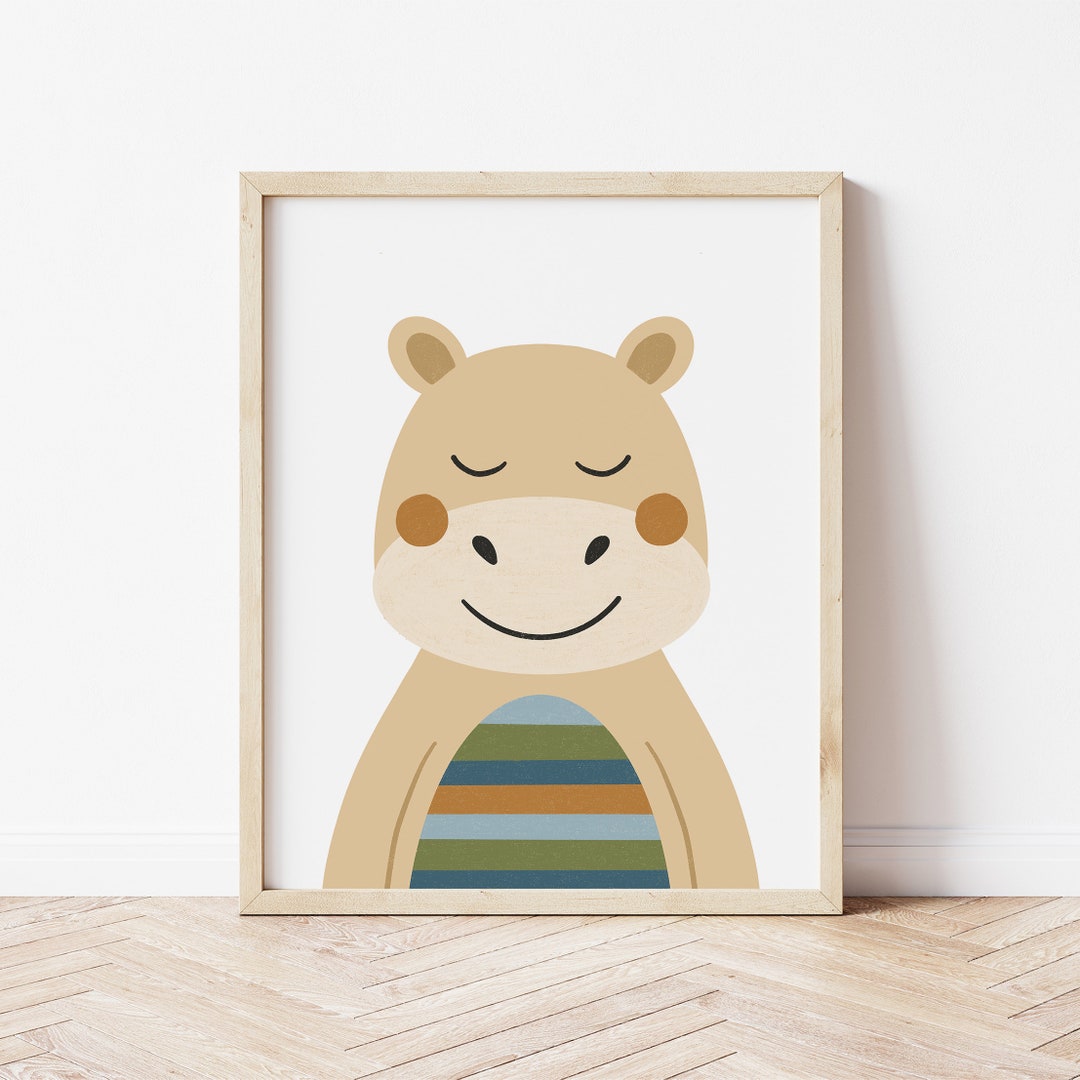 Modern Boho Jungle Hippo Nursery Print, Boy Safari Nursery Decor, Cute ...