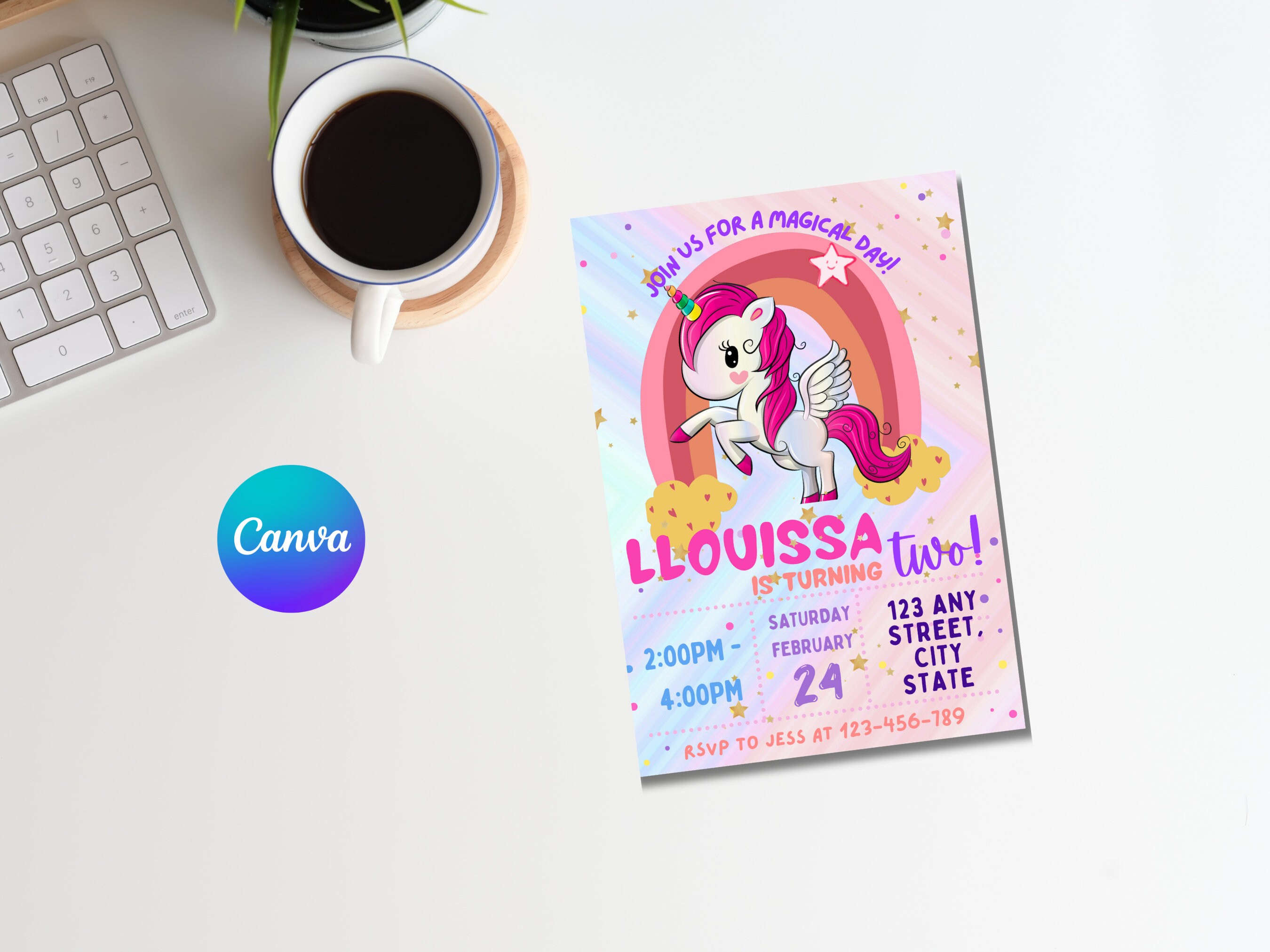 Editable Unicorn Birthday Invitation Canva Template Unicorn Magical ...