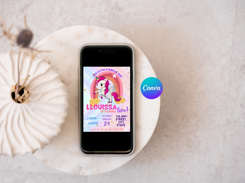 Editable Unicorn Birthday Invitation Canva Template Unicorn Magical ...