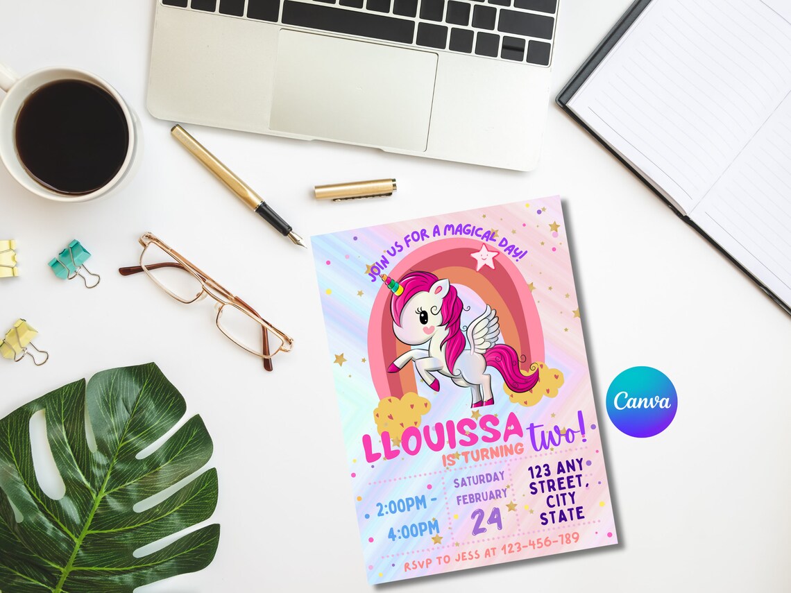 Editable Unicorn Birthday Invitation Canva Template Unicorn Magical ...