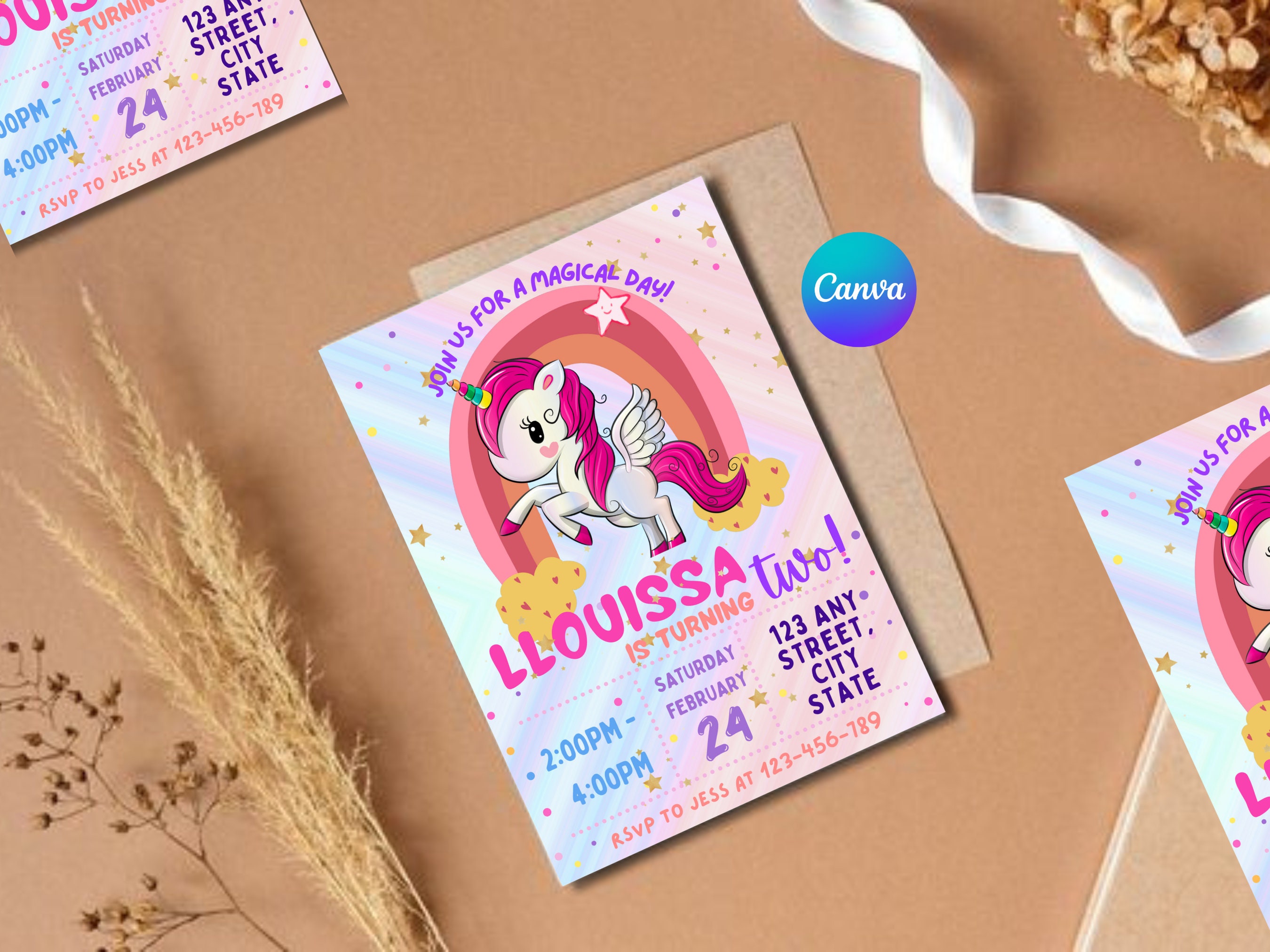 Editable Unicorn Birthday Invitation Canva Template Unicorn Magical ...