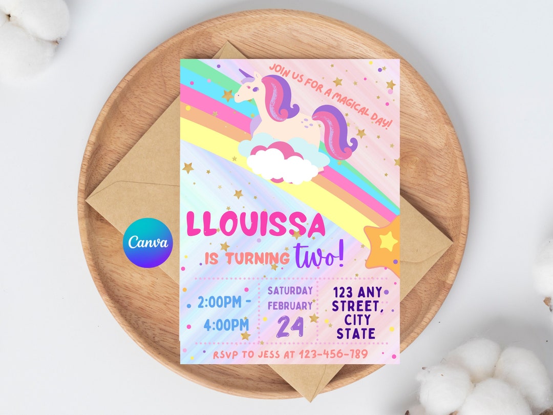 Editable Unicorn Birthday Invitation Canva Template Unicorn Magical ...
