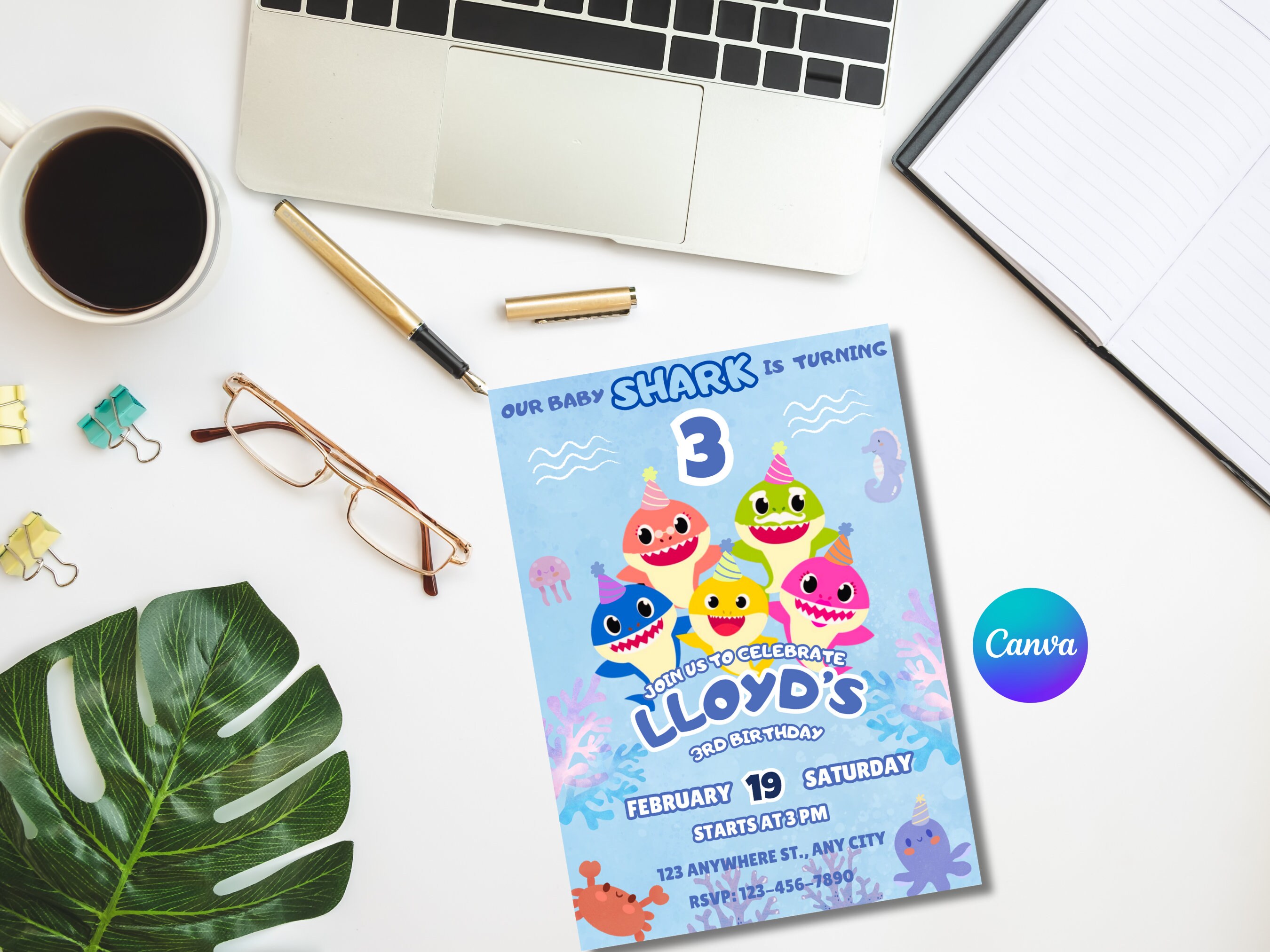 Boy Baby Shark Invitation Canva Template Editable Invite Baby Shark ...