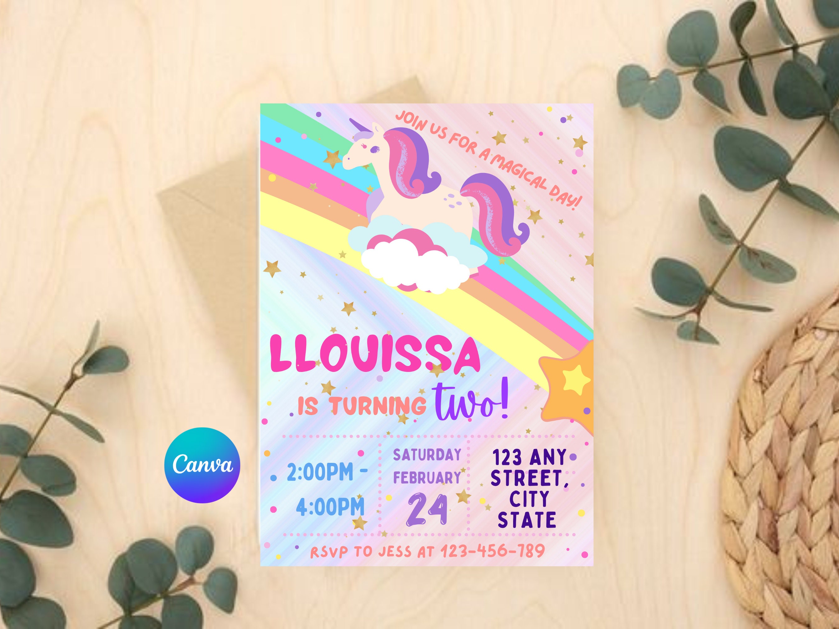 Editable Unicorn Birthday Invitation Canva Template Unicorn Magical ...