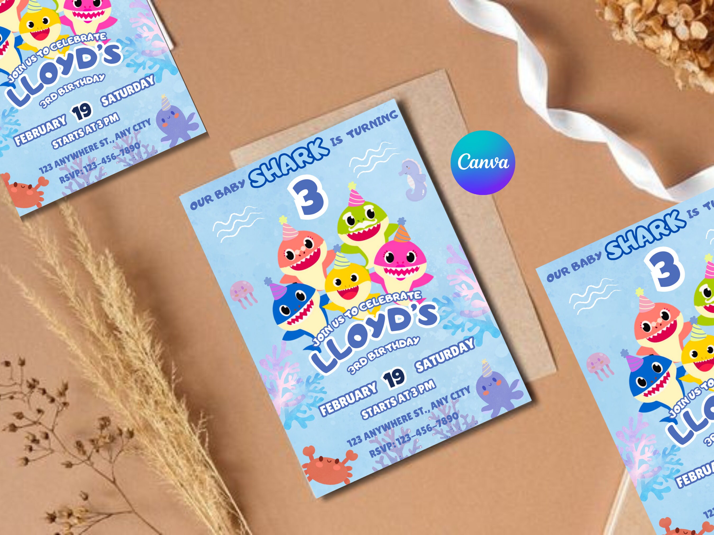 Boy Baby Shark Invitation Canva Template Editable Invite Baby Shark ...