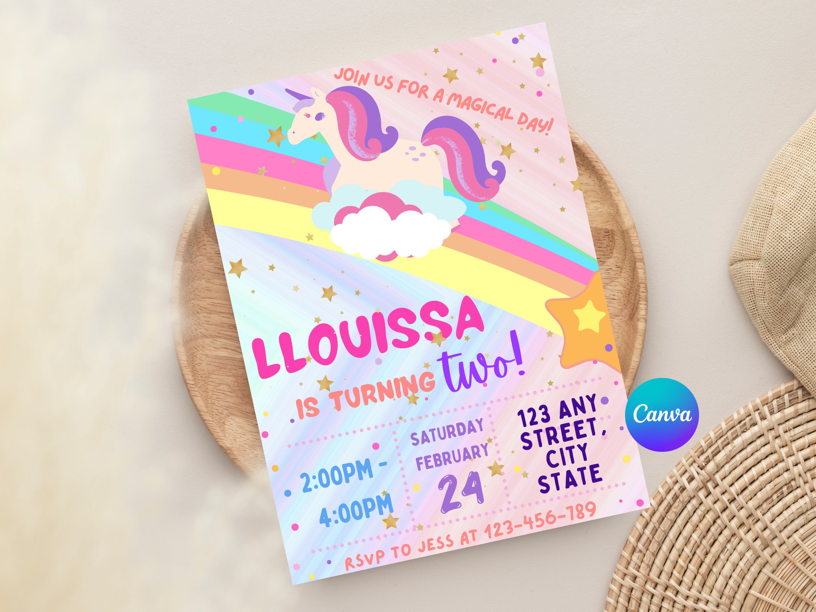 Editable Unicorn Birthday Invitation Canva Template Unicorn Magical ...