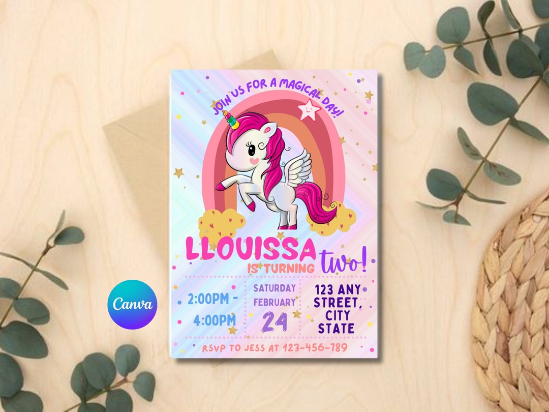 Editable Unicorn Birthday Invitation Canva Template Unicorn Magical ...