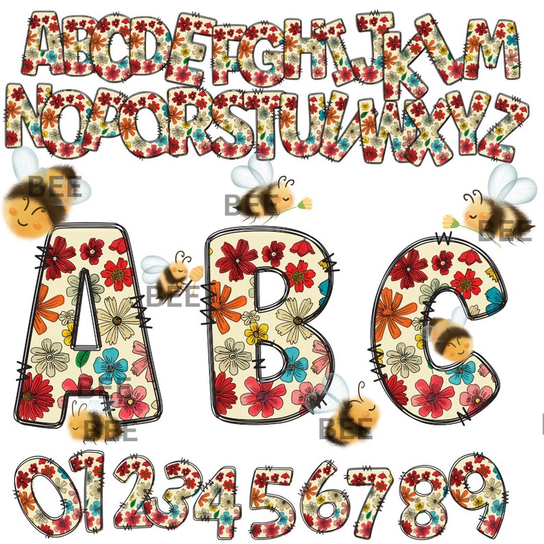 3 Set Flower Doodle Letters PNG Font Hand Drawn Doodle Font Bundle ...