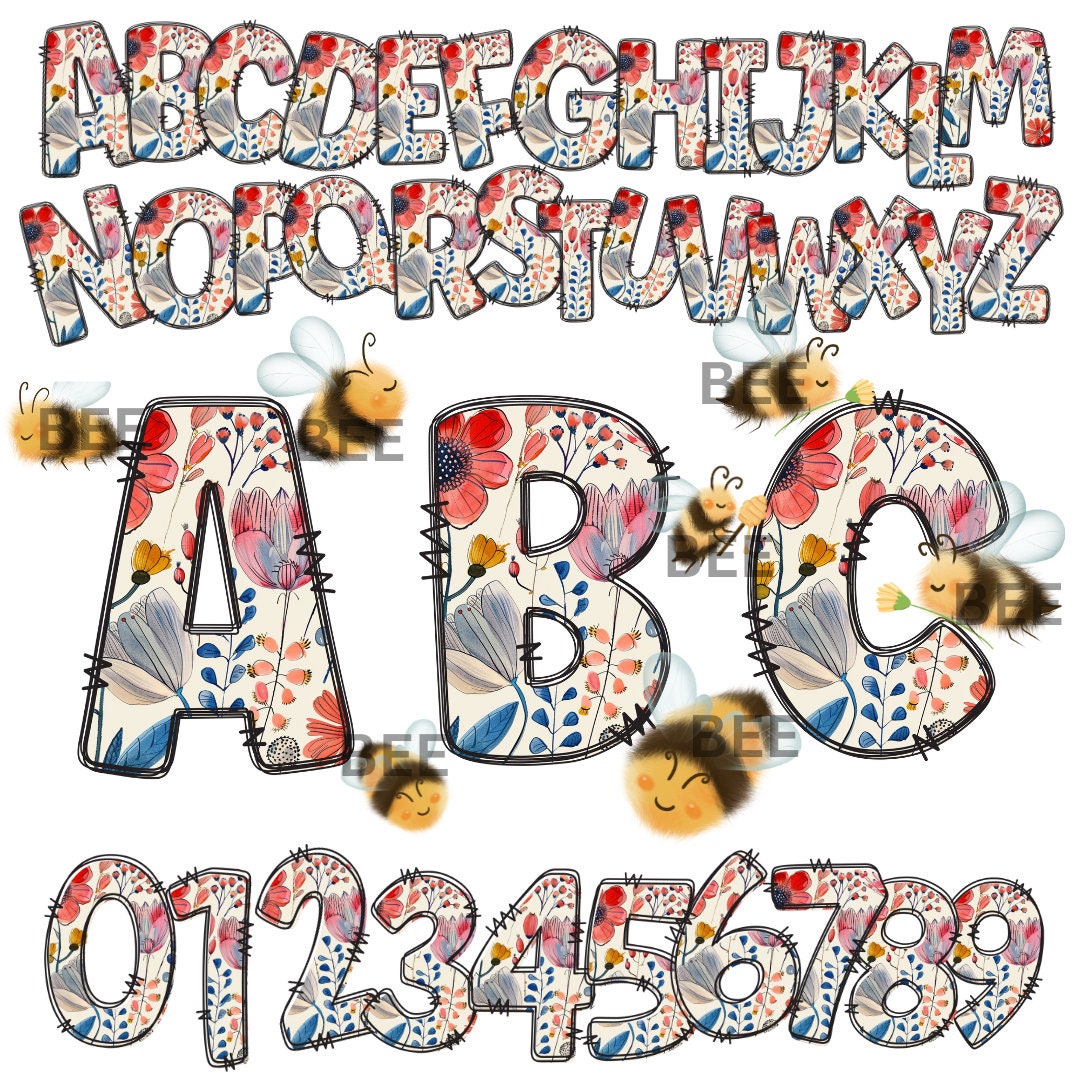 3 Set Flower Doodle Letters PNG Font Hand Drawn Doodle Font Bundle ...