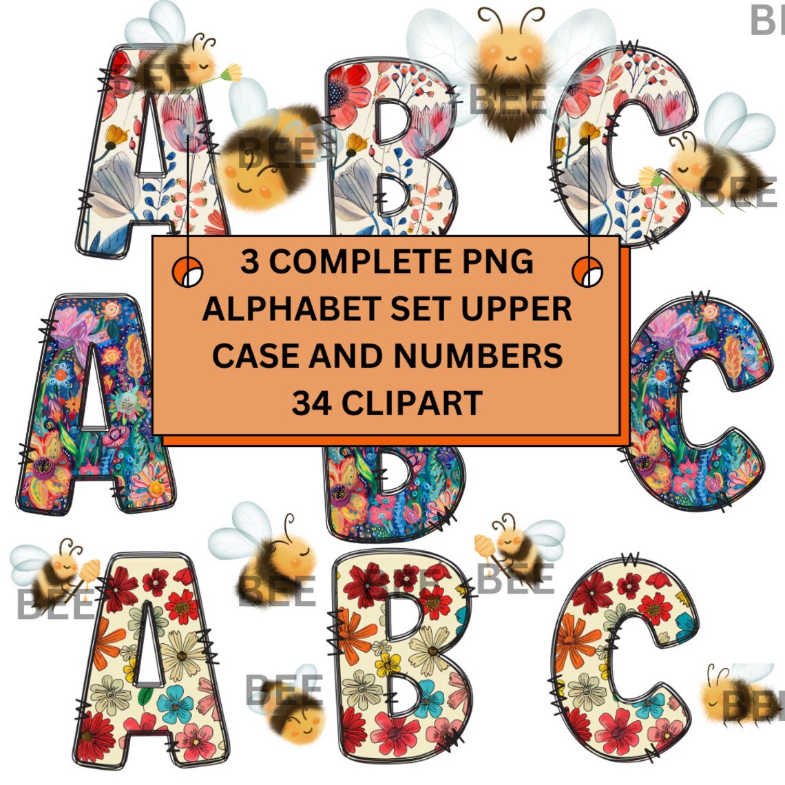 3 Set Flower Doodle Letters PNG Font Hand Drawn Doodle Font Bundle ...