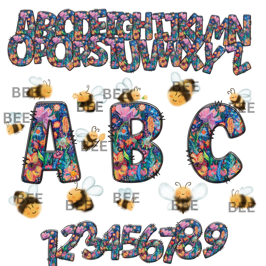 3 Set Flower Doodle Letters PNG Font Hand Drawn Doodle Font Bundle ...