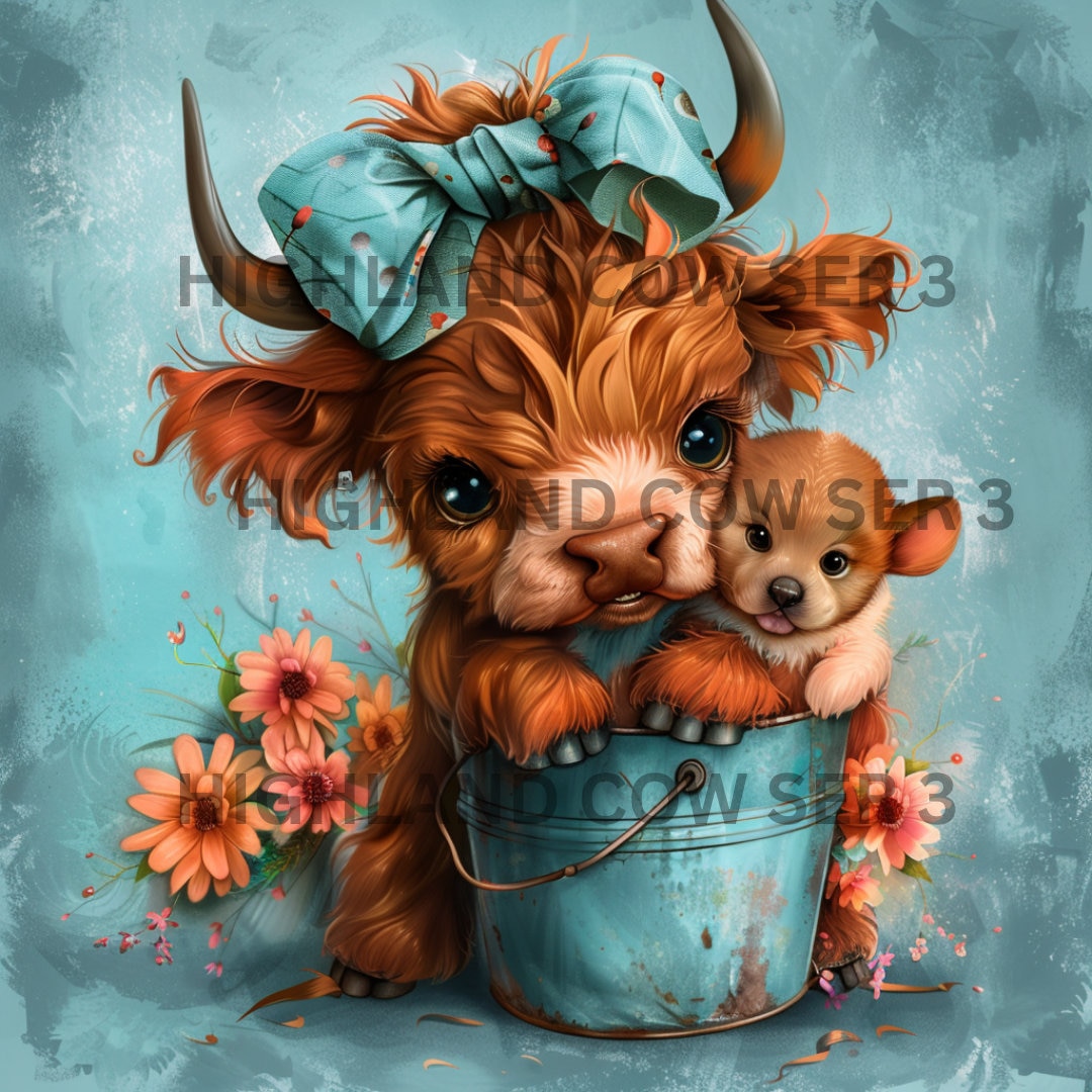 12 Cute Fluffy Highland Cow in Bucket and Flower Highland Cow PNG Cow ...