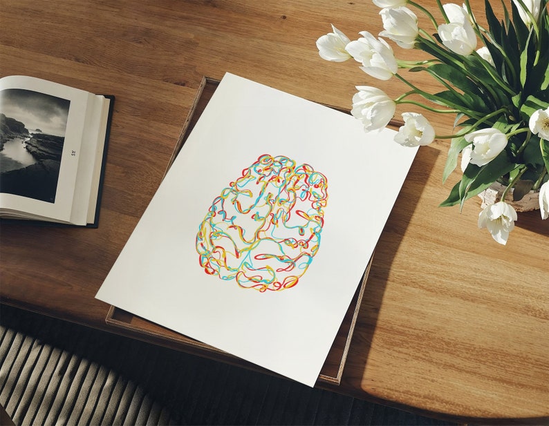 One Line Brain Painting Art Print, Abstract Colorful Cerebrum Poster ...