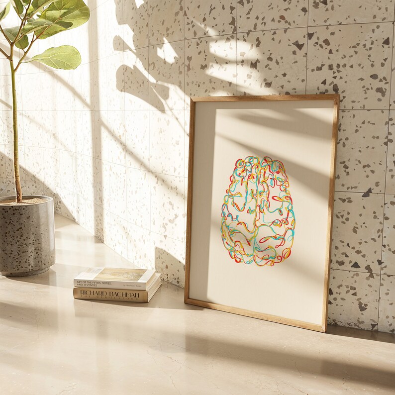 One Line Brain Painting Art Print, Abstract Colorful Cerebrum Poster ...