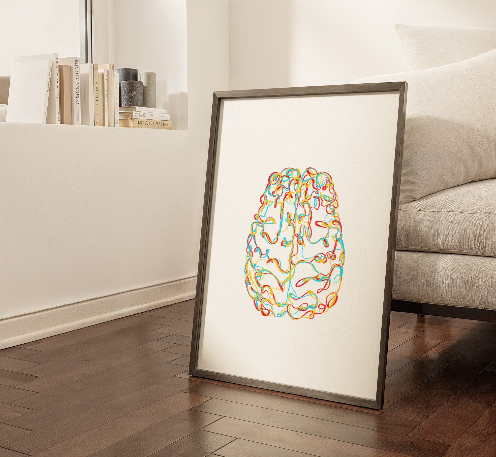 One Line Brain Painting Art Print, Abstract Colorful Cerebrum Poster ...