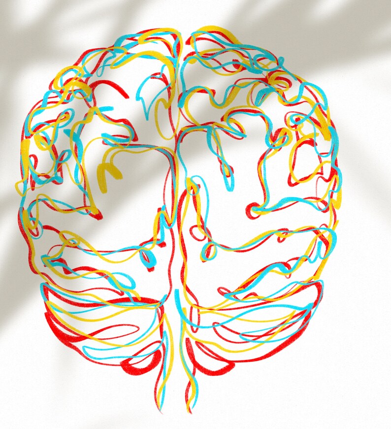 Front Brain Line Art, Abstract Brain Drawing, Vibrant Mind Illustration ...