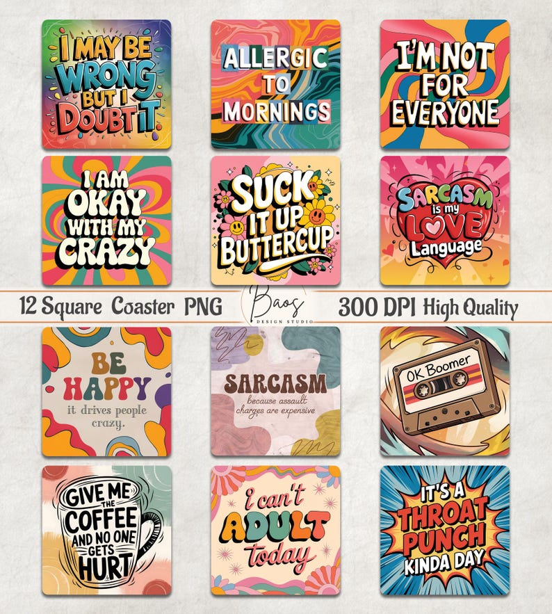 Funny Square Coaster Bundle, Sarcasm Square Coaster Sublimation, Sassy ...