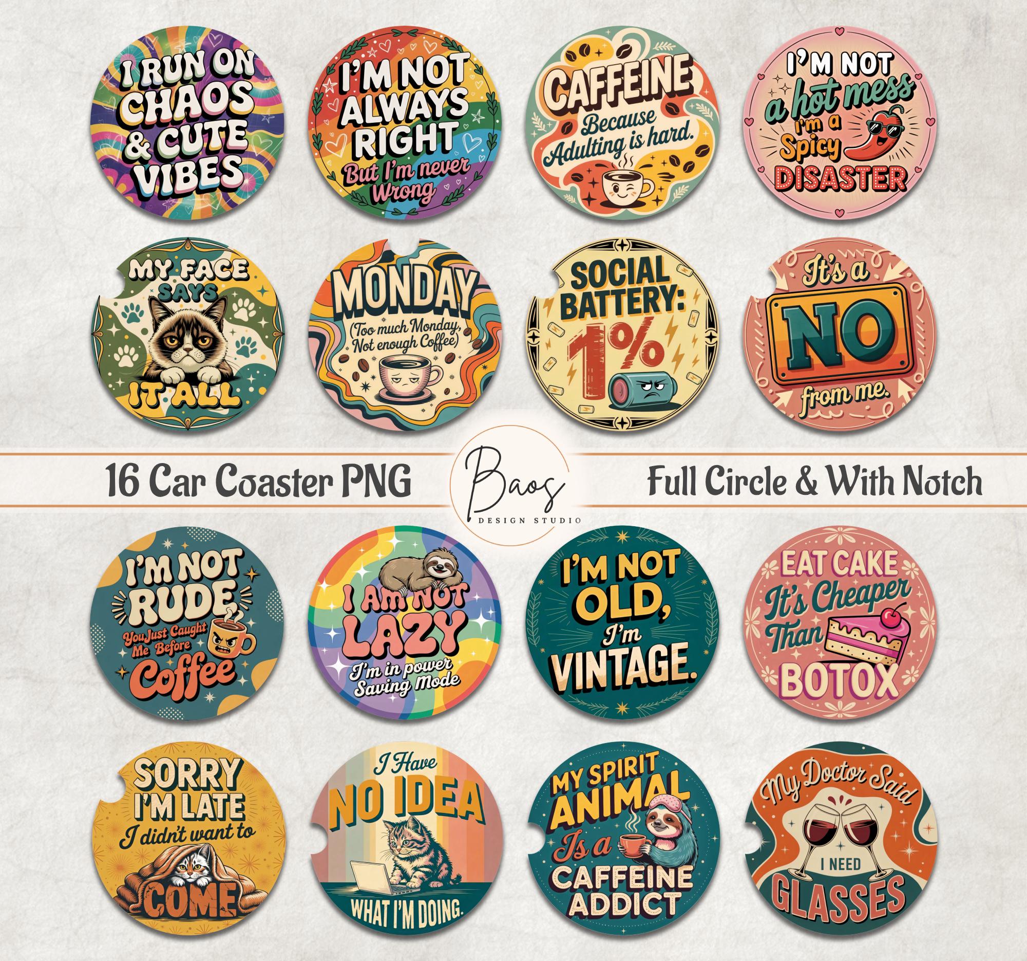 Funny Car Coaster PNG Bundle, Sarcastic Quotes Cup Holder Design, Retro ...