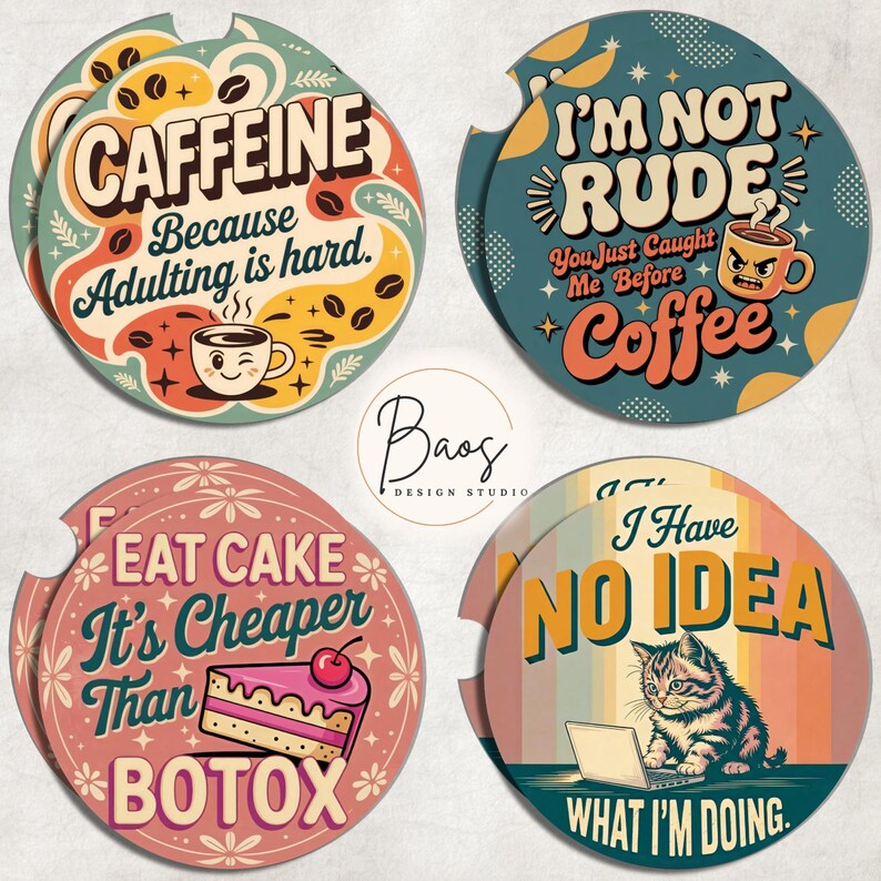 Funny Car Coaster PNG Bundle, Sarcastic Quotes Cup Holder Design, Retro ...