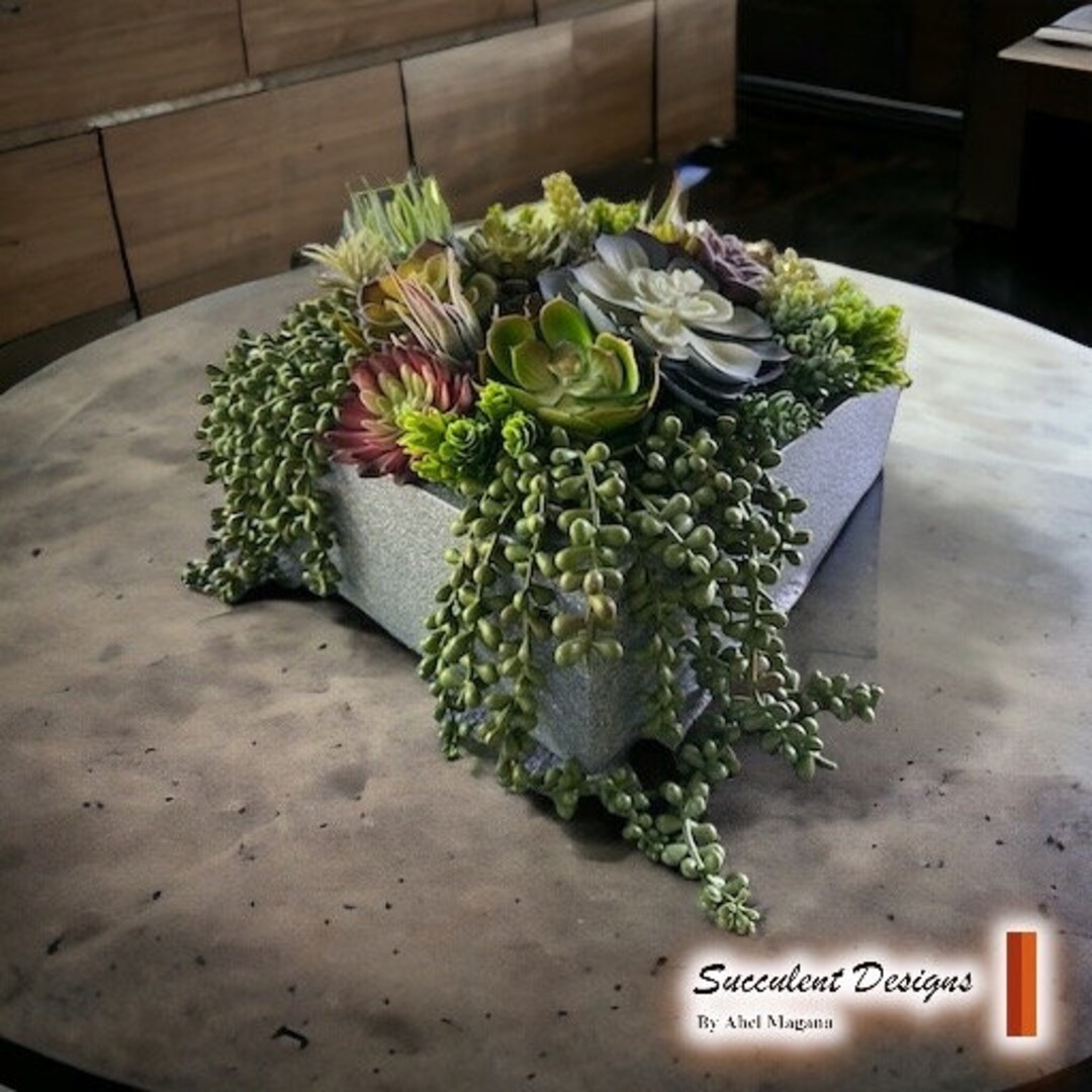Succulent Design in Gray Painted Square Fiberglass Vase | Faux ...