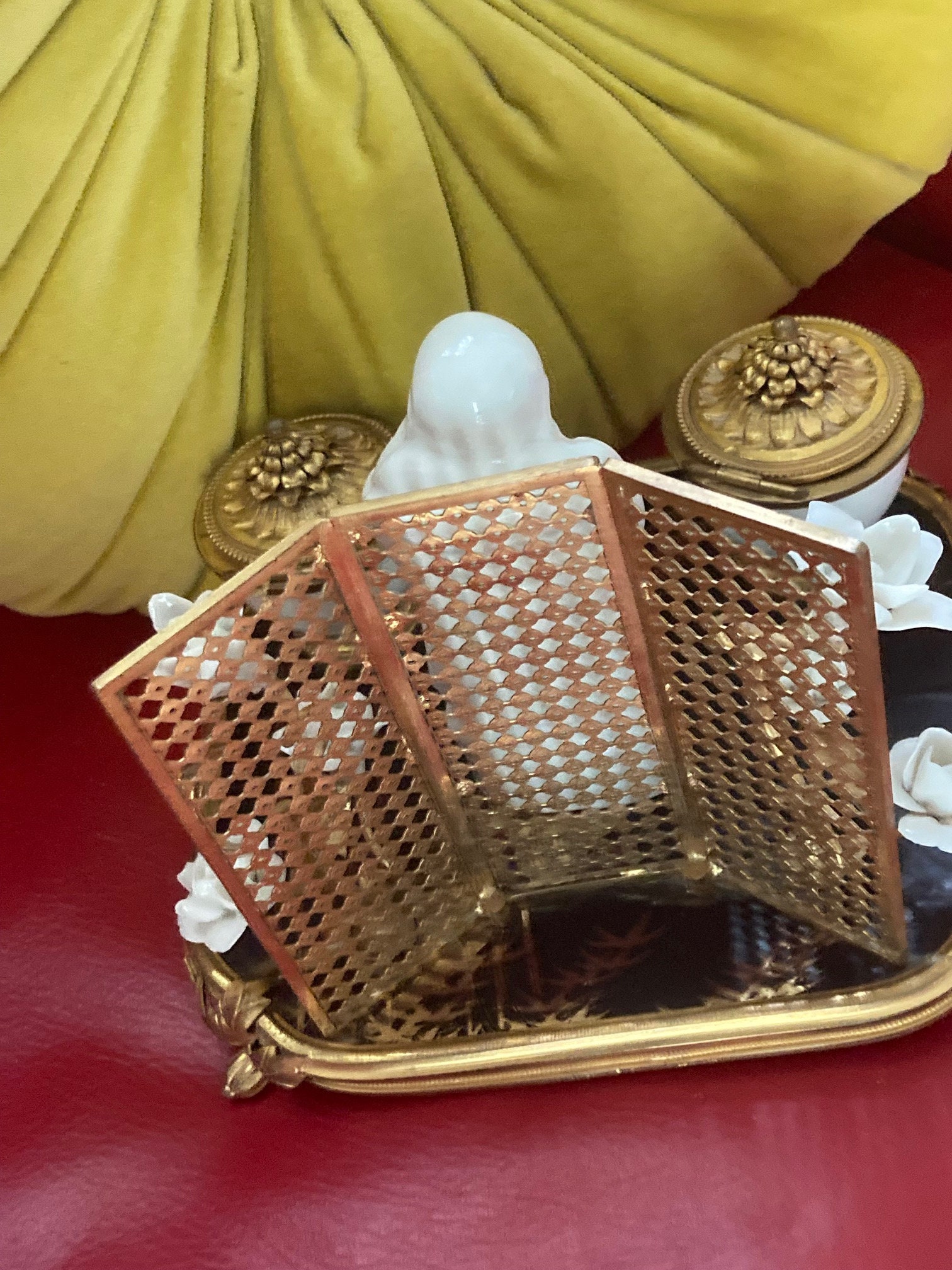 Antique Inkstand PORCELAIN BUDDHA and 2 INKWELLS Brass Details ...