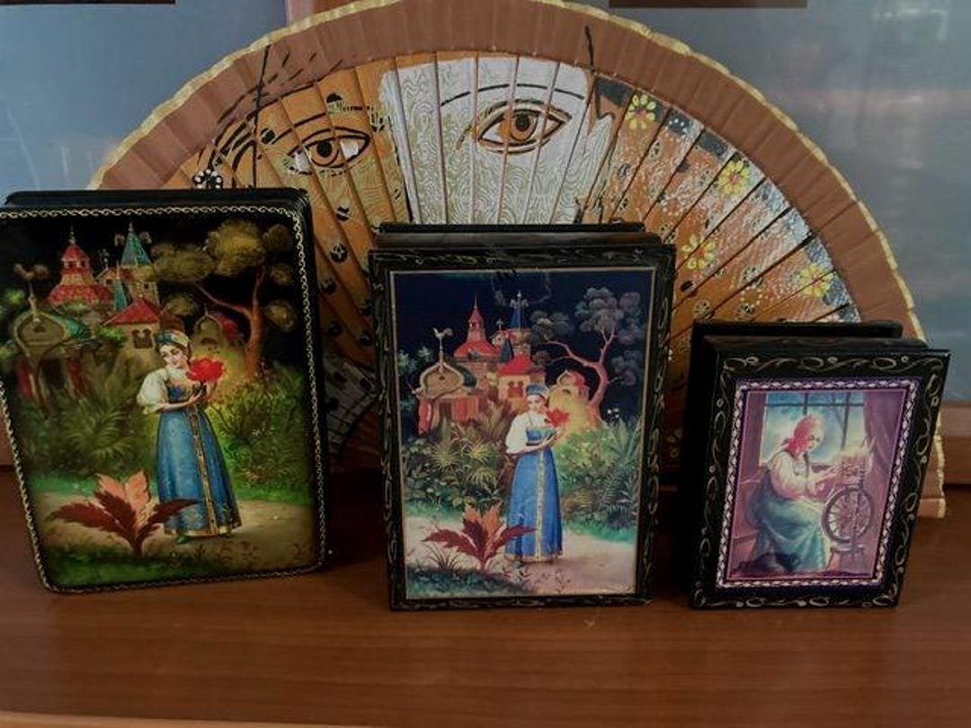 Hand-painted Russian PALEKH LAQUERED BOX Set of 3 Multi-use + 3 Gifs ...