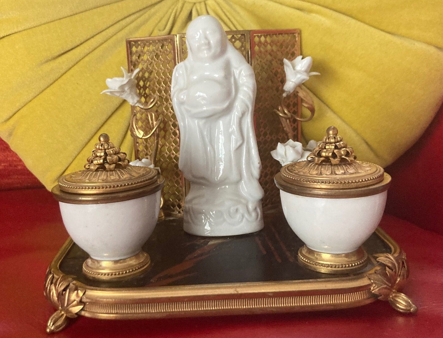 Antique Inkstand PORCELAIN BUDDHA and 2 INKWELLS Brass Details ...