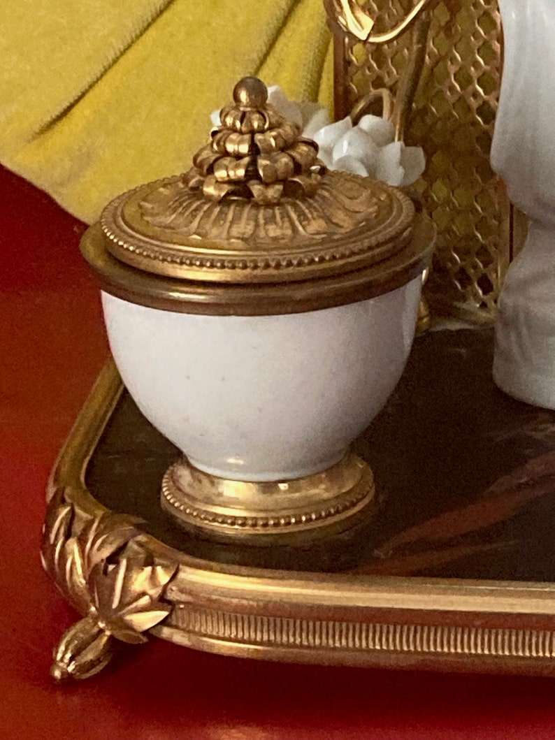Antique Inkstand PORCELAIN BUDDHA and 2 INKWELLS Brass Details ...